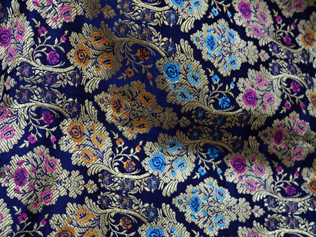 Navy Blue Brocade Fabric By The Yard Banarasi Pure Silk Dress Material ...