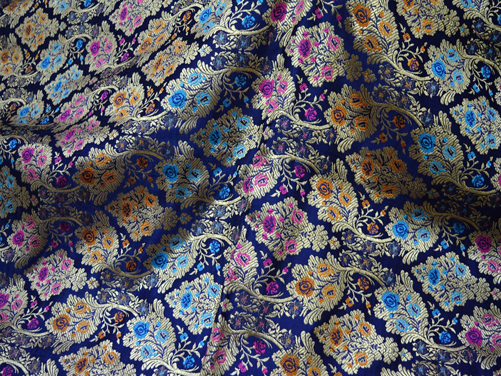 Navy Blue Brocade Fabric By The Yard Banarasi Pure Silk Dress Material ...