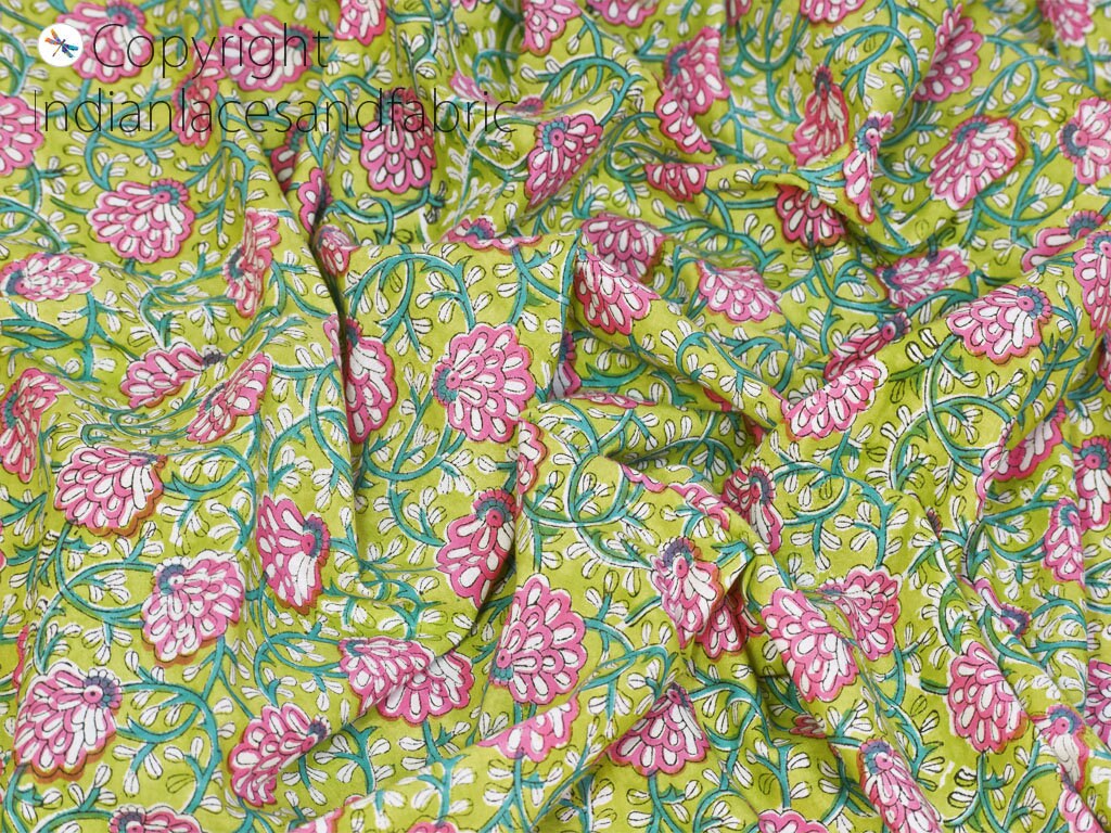 Pink Indian Hand Stamped Block Print Cotton Fabric yardage Summer Dres ...
