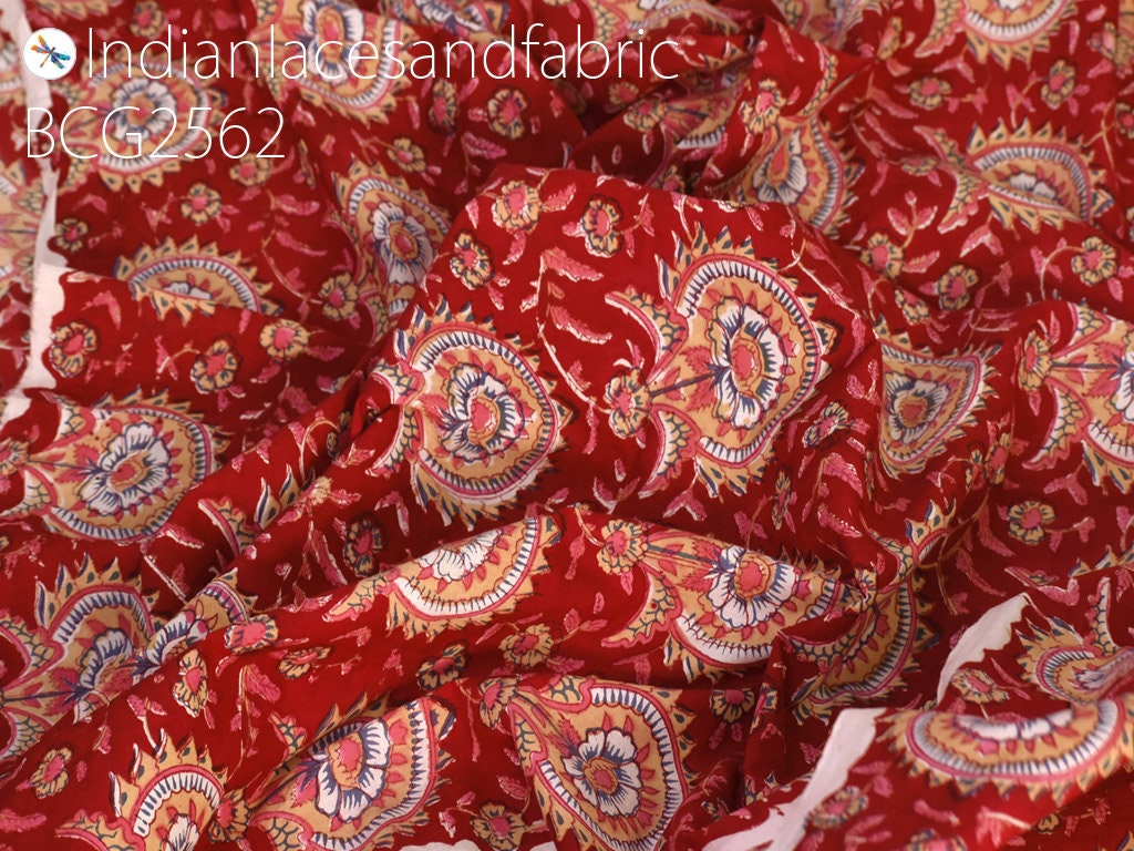 Red Indian Hand Block Printed Dressmaking Sewing Soft Cotton Fabric By ...