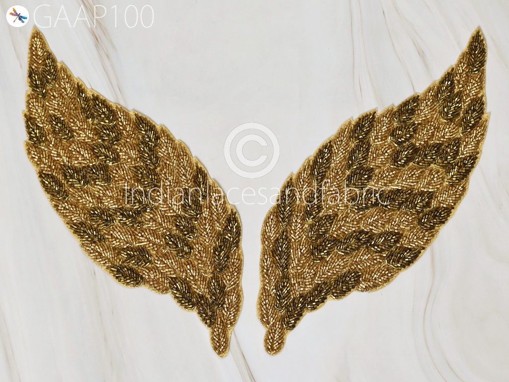 1 Pair Gold Beaded Wings Appliqué – Handmade Zardozi Embroidery Patche ...