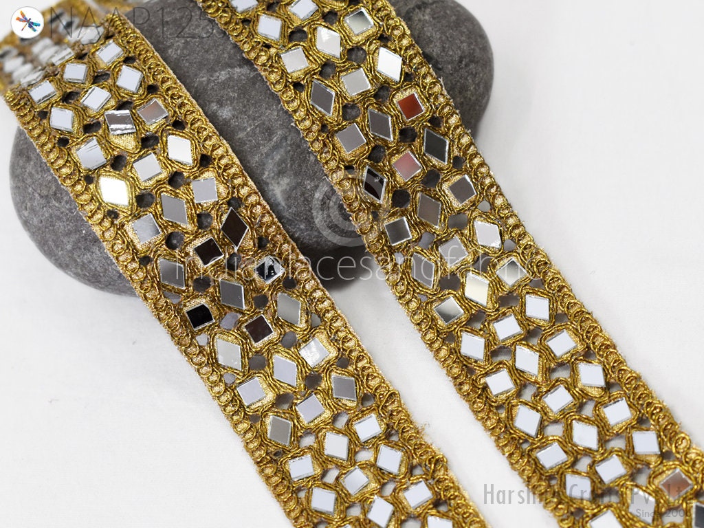 Luxury – Antique Gold Mirror Work Neckline Applique with Sleeves ...
