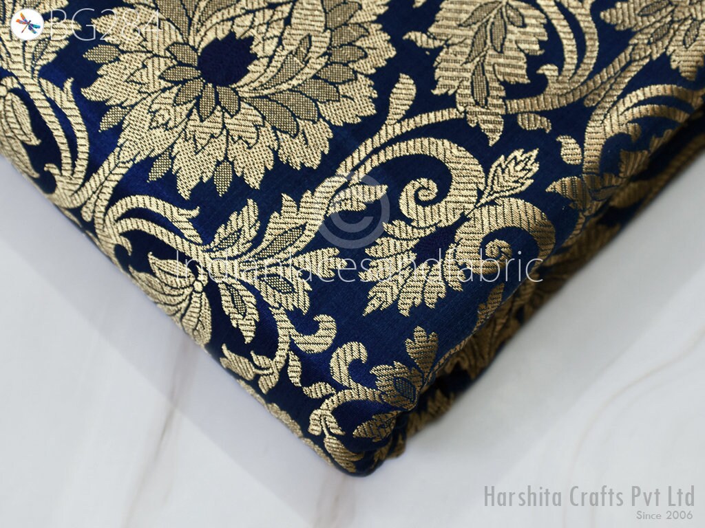 Shop Blue Brocade Fabric by the Yard – Banarasi Blended Silk for ...