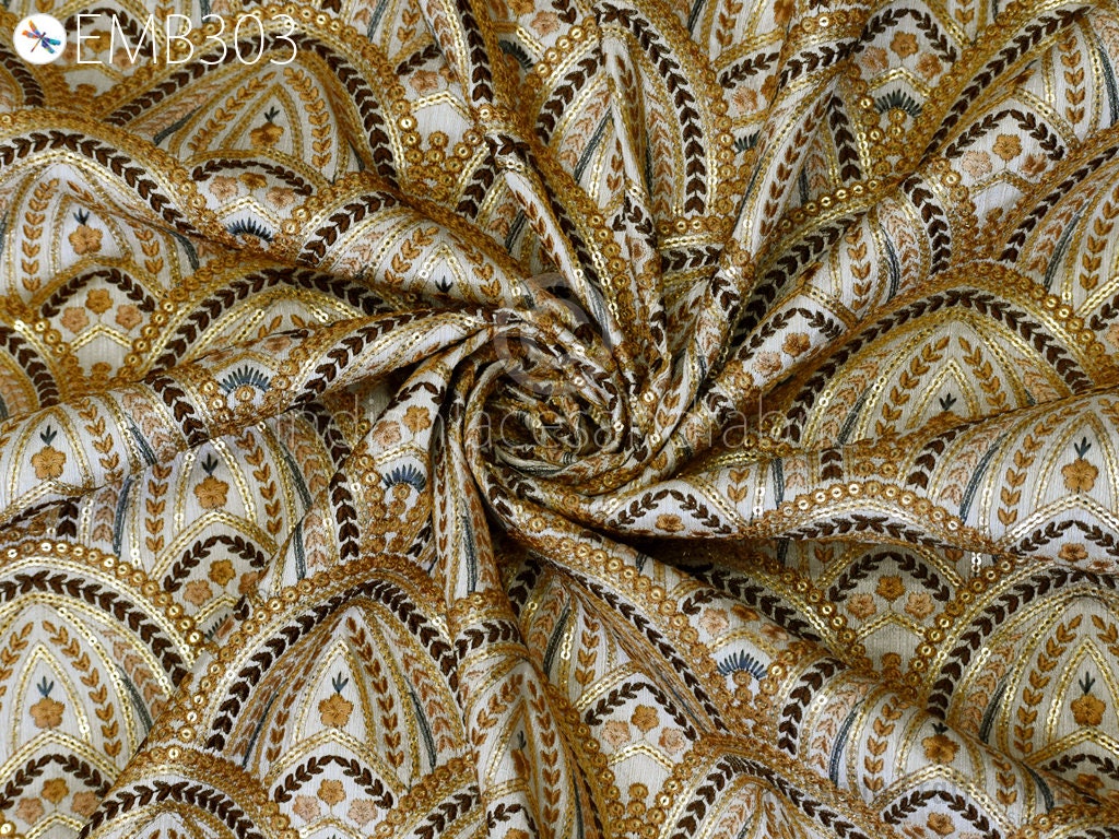 Ivory Indian Embroidered Fabric by the yard Sewing DIY Crafting Embroi ...