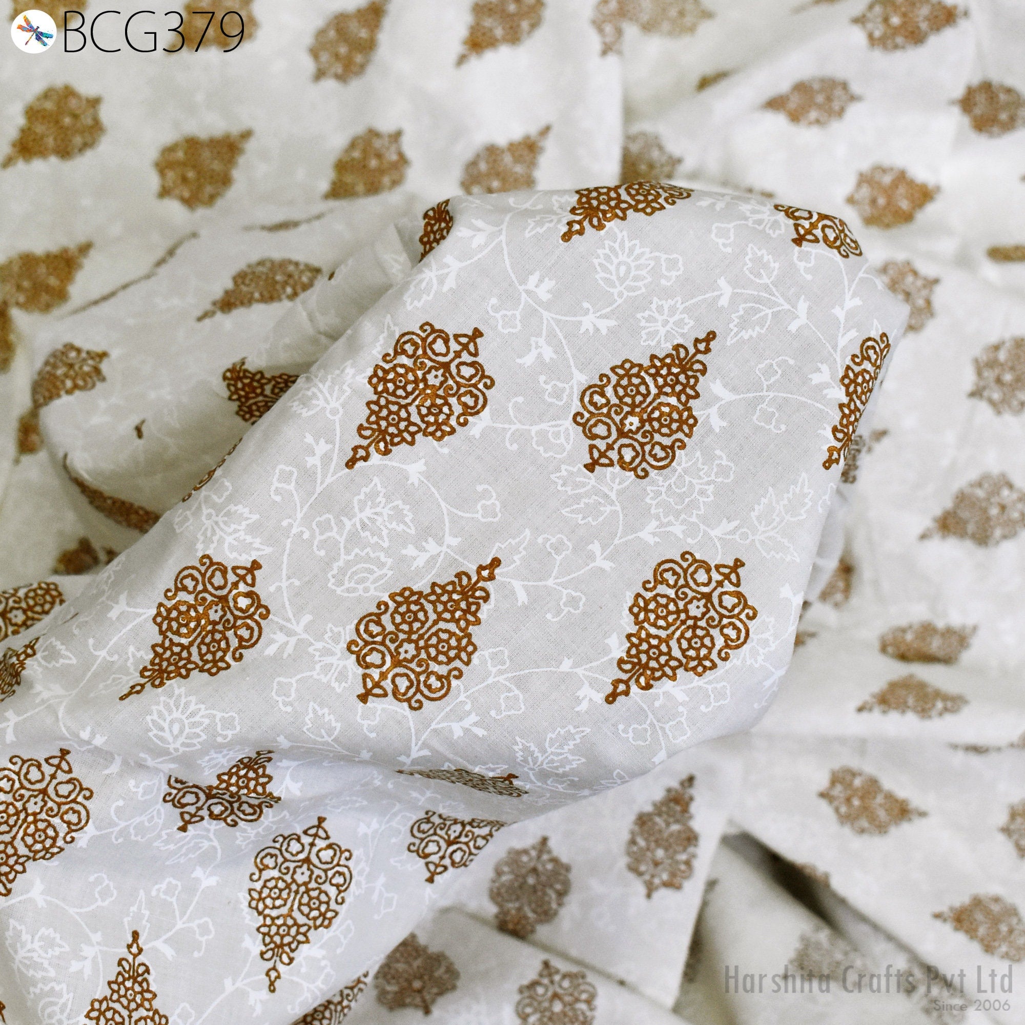 Hand Printed Indian Brown Cotton By The Yard Fabric Block Print Quilti ...