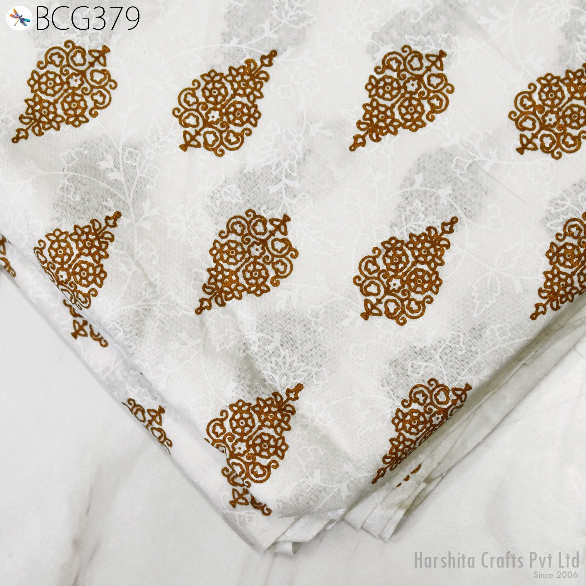 Hand Printed Indian Brown Cotton By The Yard Fabric Block Print Quilti ...