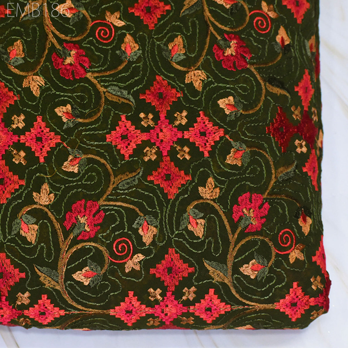 Green Indian Embroidered Fabric by the Yard Georgette Embroidery Sewin ...