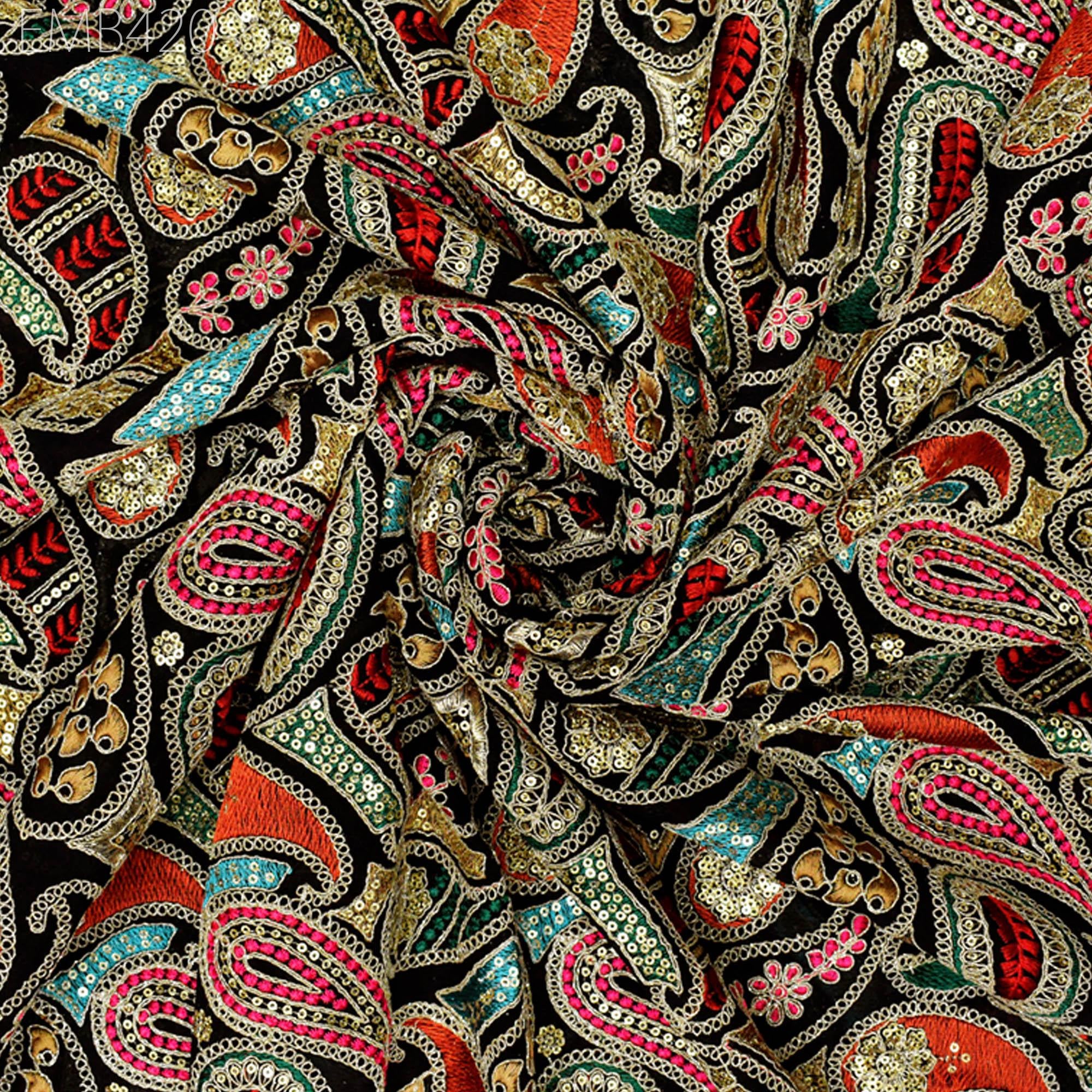 Indian Embroidered Fabric by the Yard Georgette Black Embroidery Sewin ...