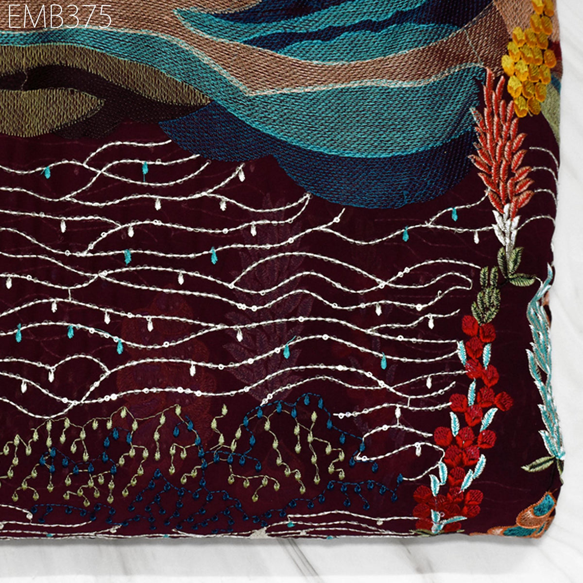 54'' Indian Embroidered Fabric by the Yard Multicolor Georgette Embroi ...