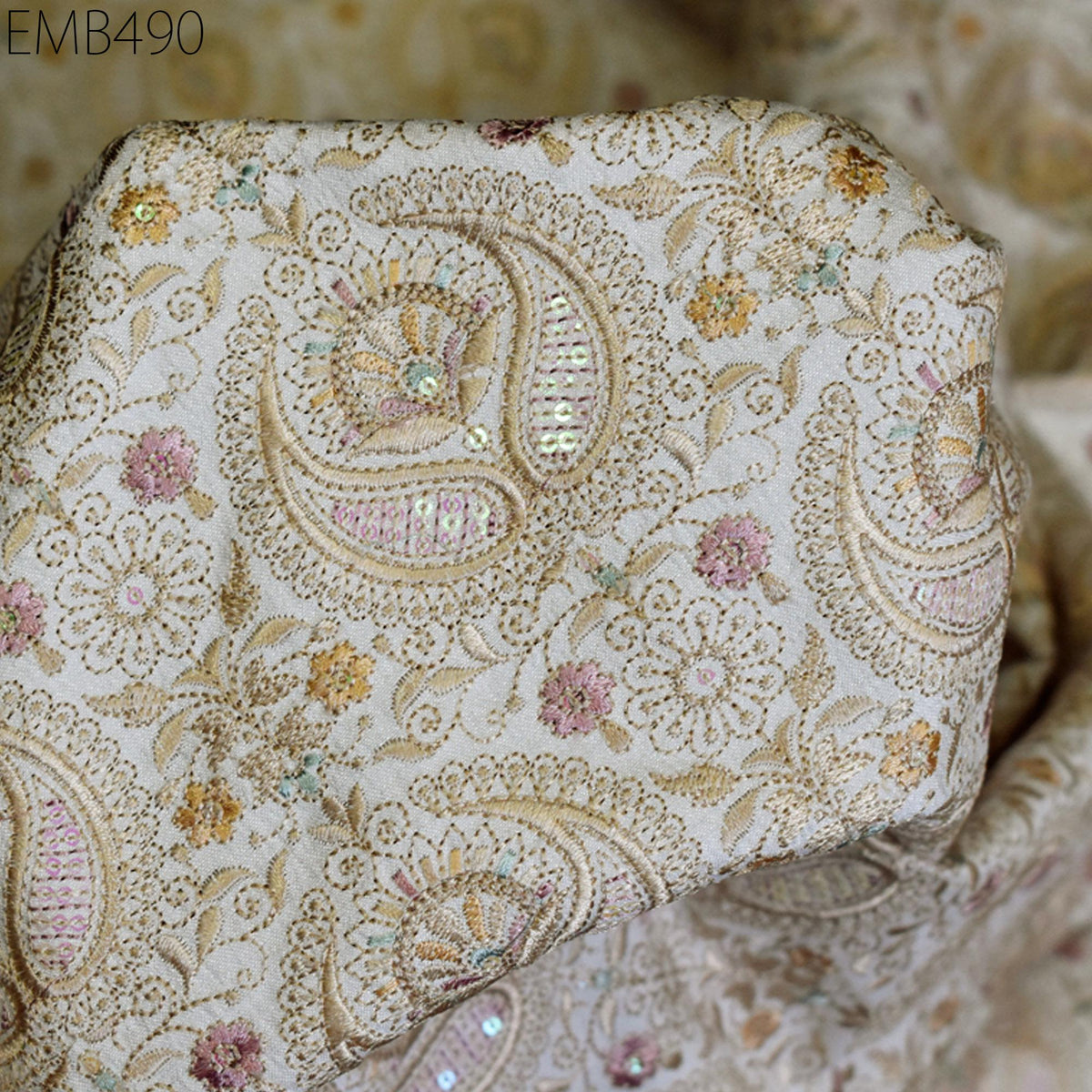 Ivory Embroidered Fabric by the yard Sewing DIY Crafting Indian Embroi ...