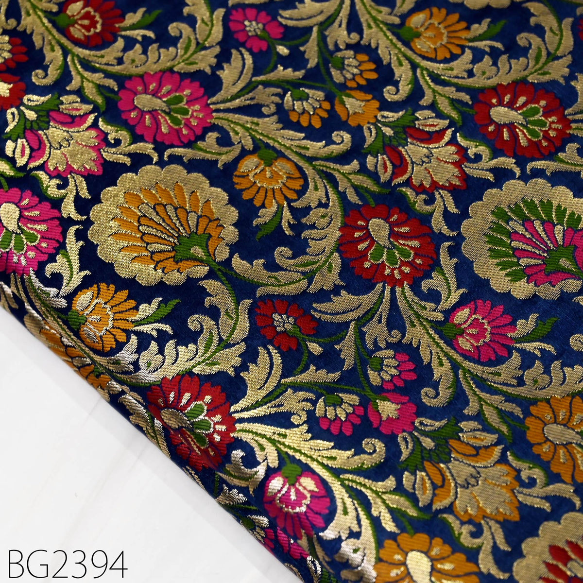 Indian Navy Blue Silk Brocade By The Yard Wedding Dress Banarasi Costu ...