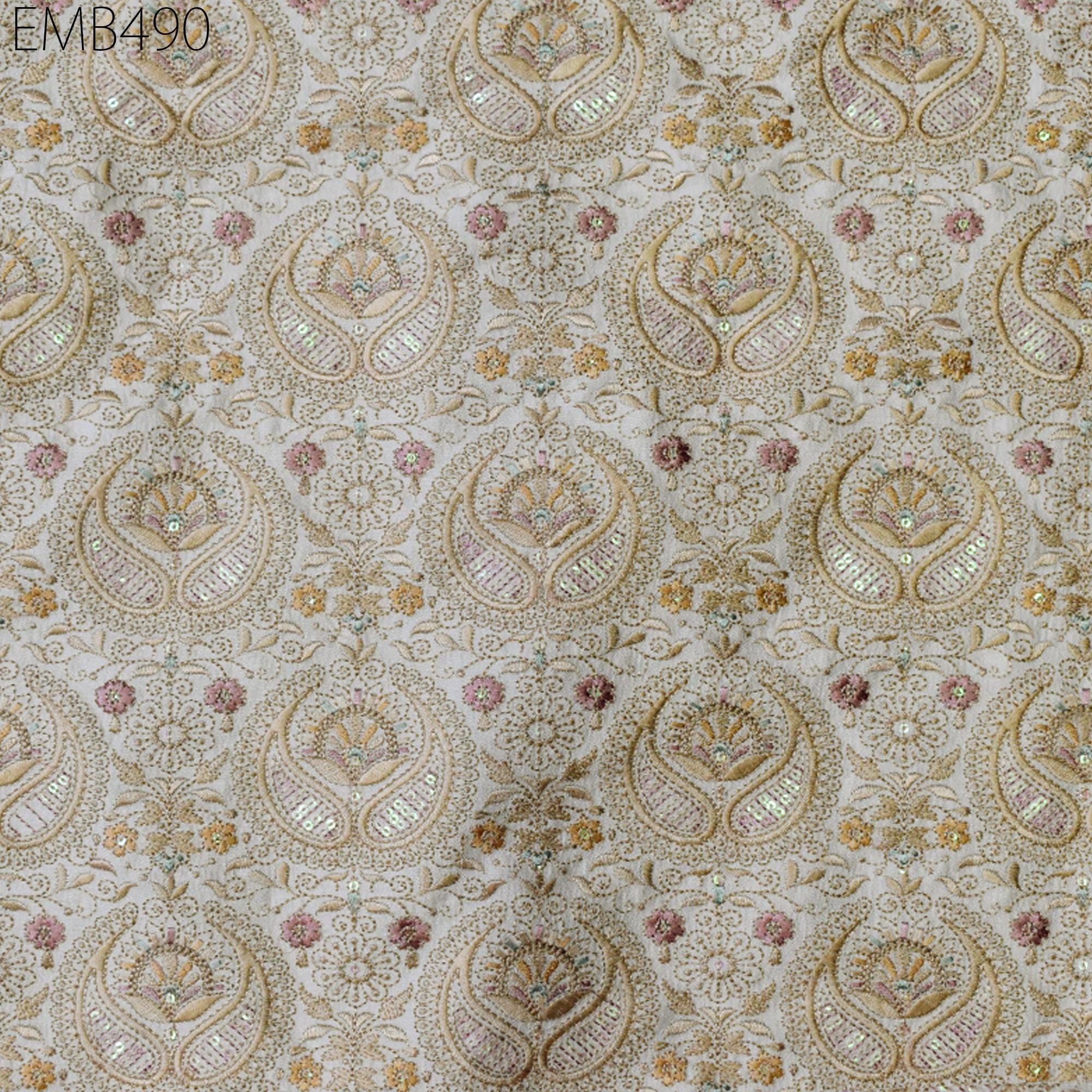 Ivory Embroidered Fabric by the yard Sewing DIY Crafting Indian Embroi ...