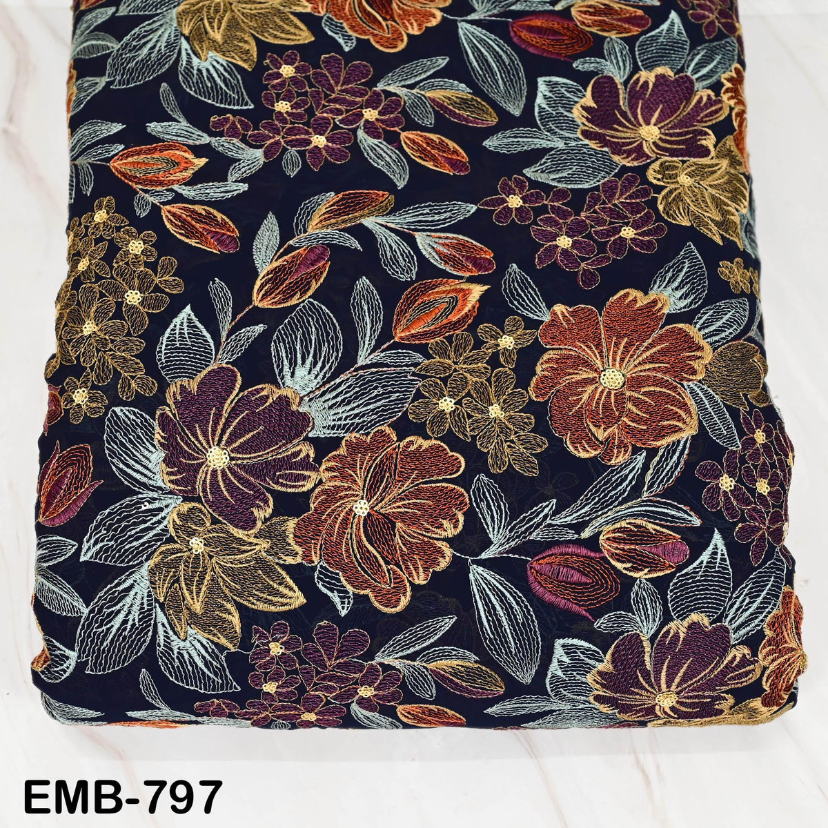 Indian Embroidery Fabric by the Yard Blue Georgette Embroidered Sewing ...